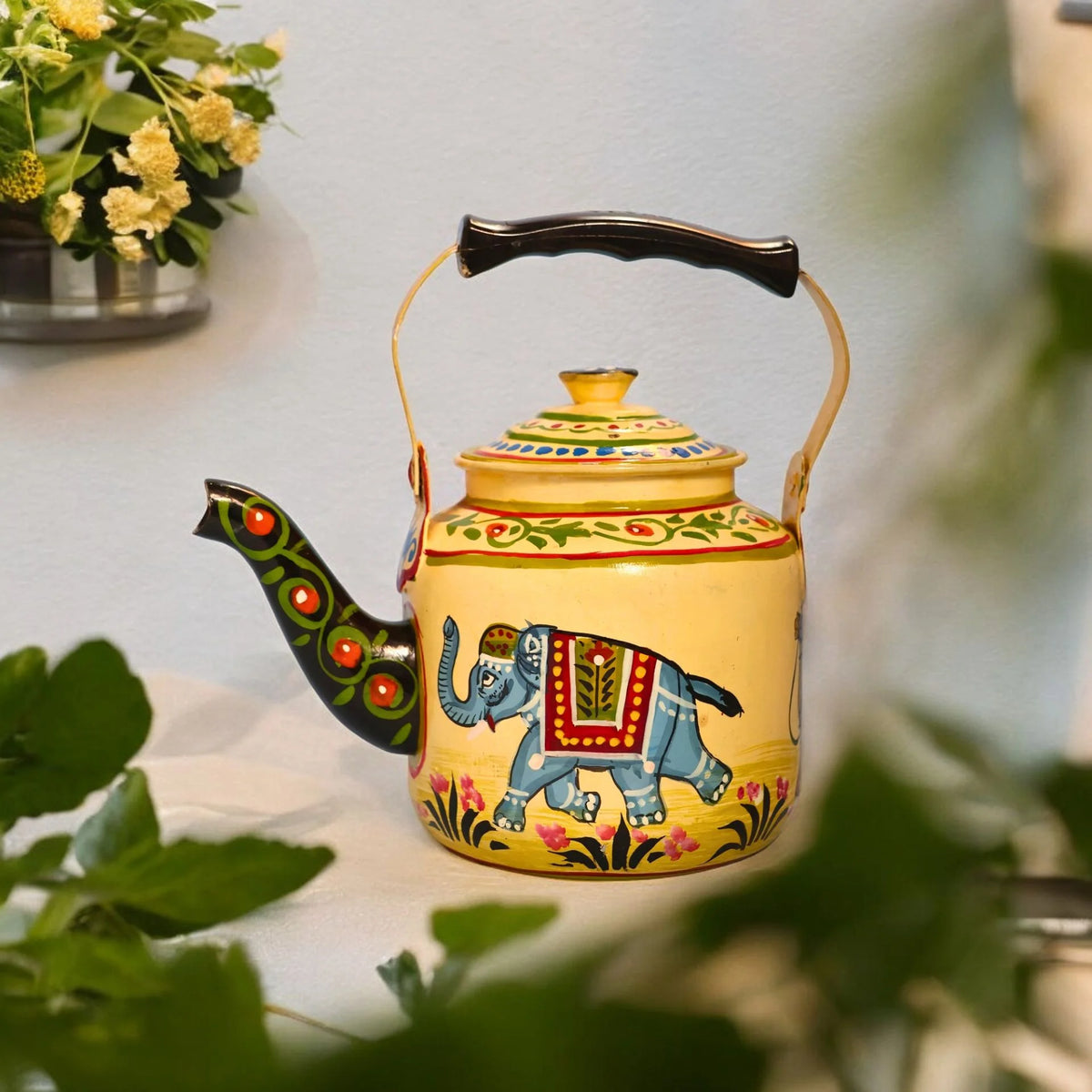 Hand Painted Steel Tea Kettle - Elephant Design– Shri-badri